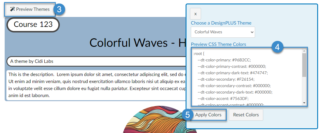 How do I preview DesignPLUS Library resources with my institutional colors?