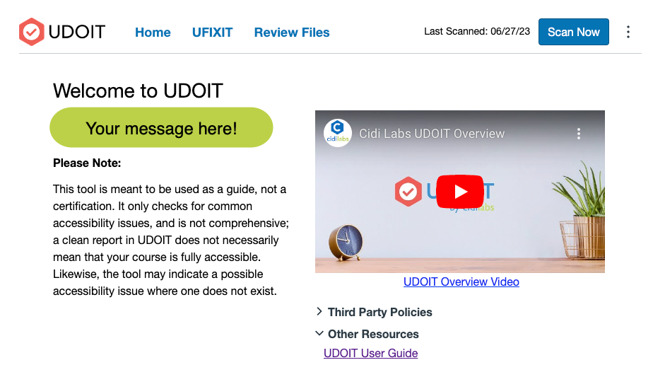 How do I customize the UDOIT Welcome Message for my institution?